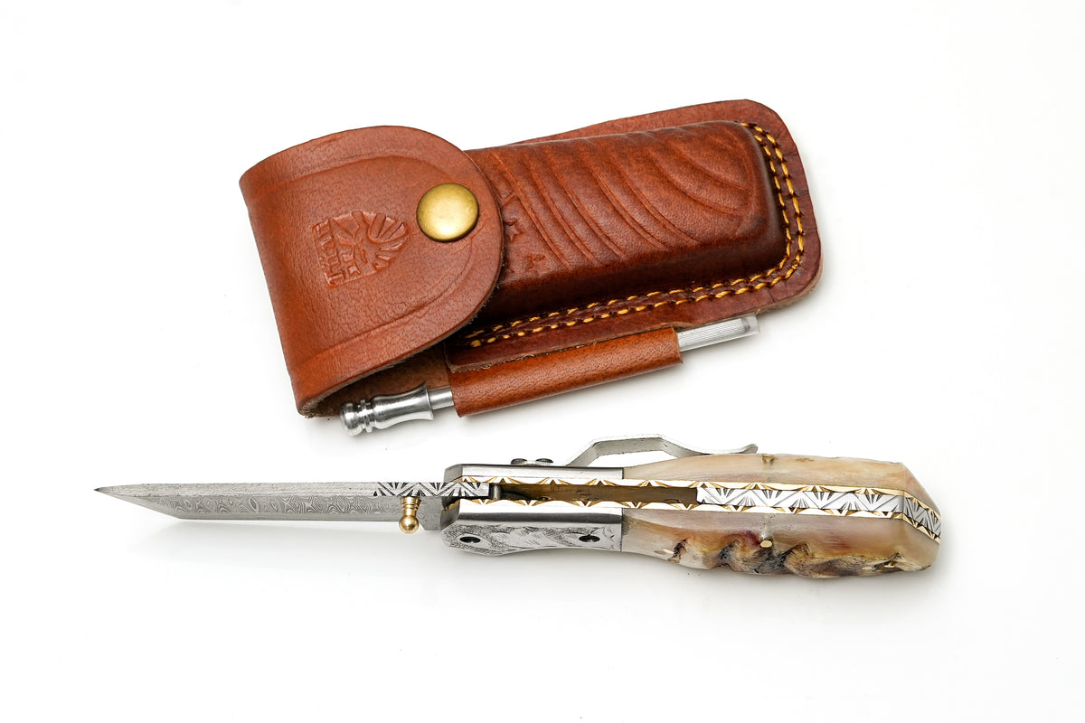 Hand-Forged Damascus Steel Tanto Folding Knife – Artisan Bone Handle w ...